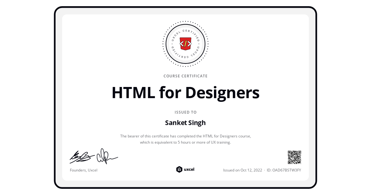 Certificate of completion for HTML Foundations | Uxcel