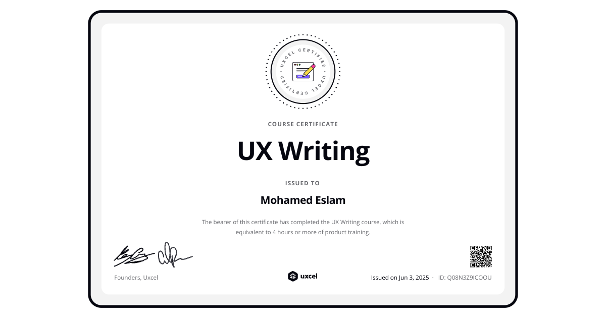 Certificate of completion for UX Writing | Uxcel