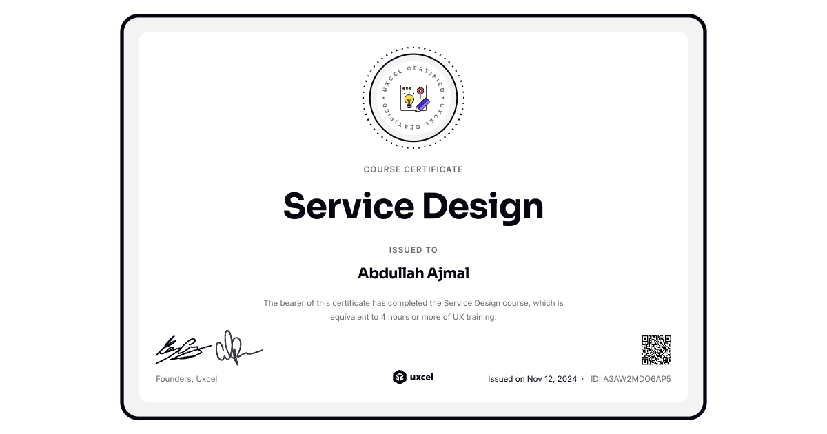Certificate of completion for Service Design | Uxcel