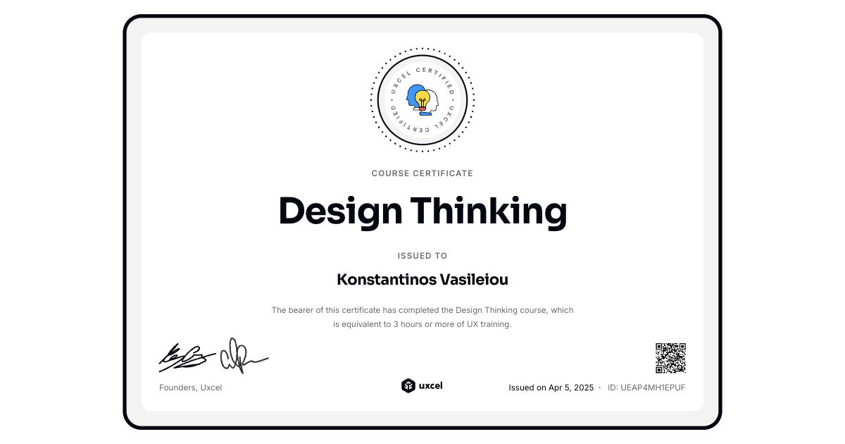 Certificate of completion for Design Thinking | Uxcel