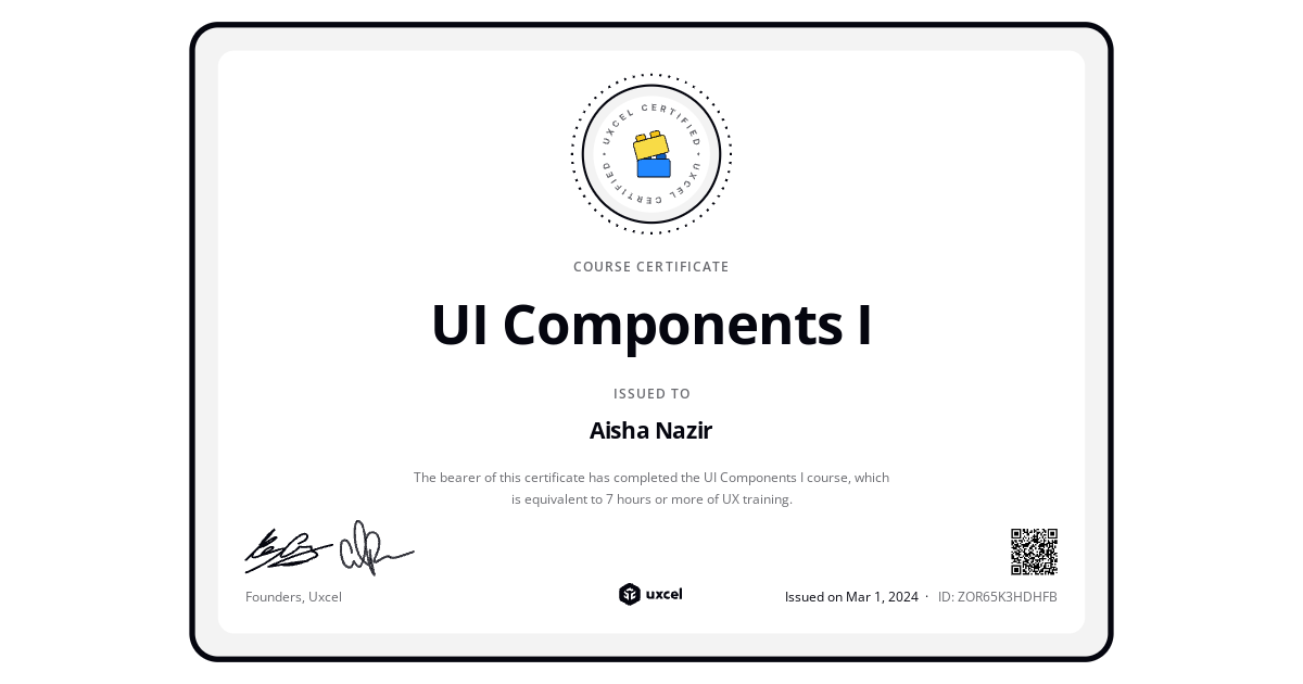 Certificate of completion for UI Components I | Uxcel