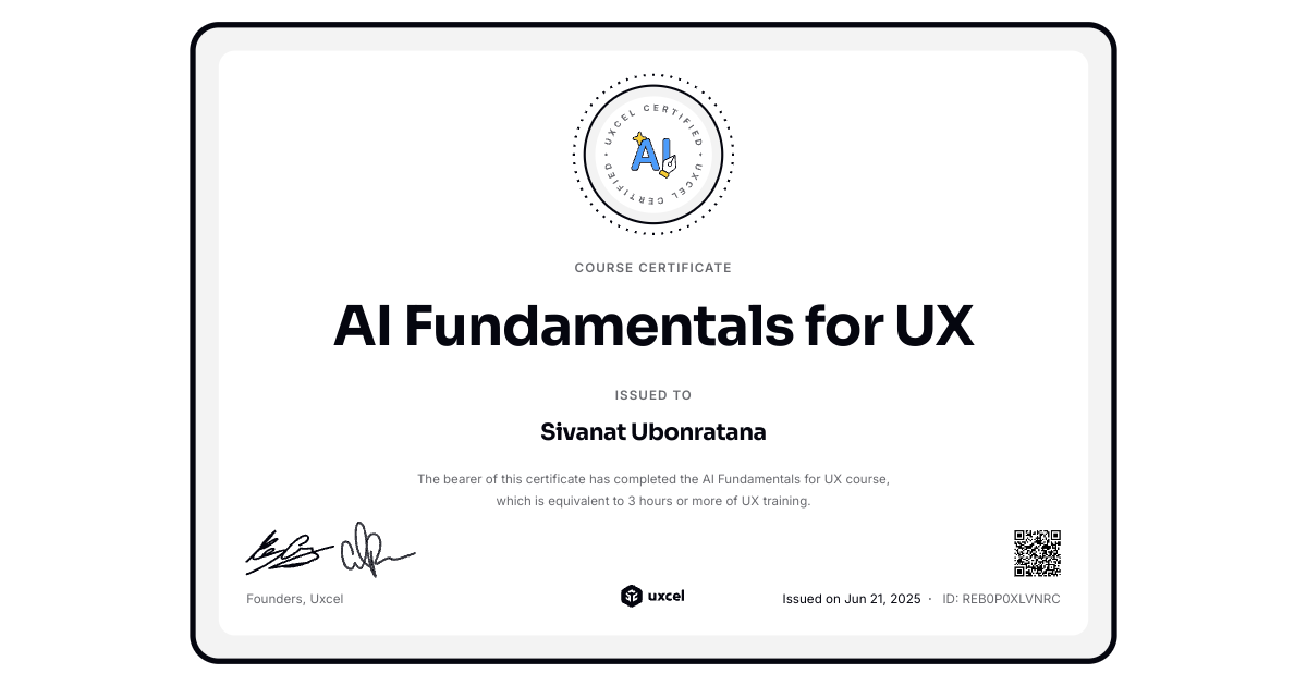 Certificate of completion for AI Fundamentals for UX | Uxcel