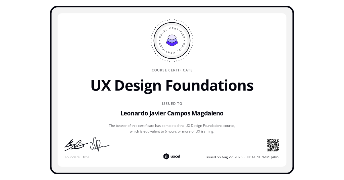 Certificate of completion for UX Design Foundations | Uxcel