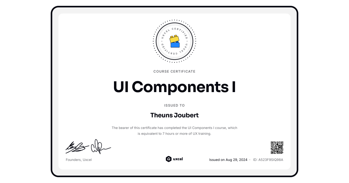Certificate of completion for UI Components I | Uxcel