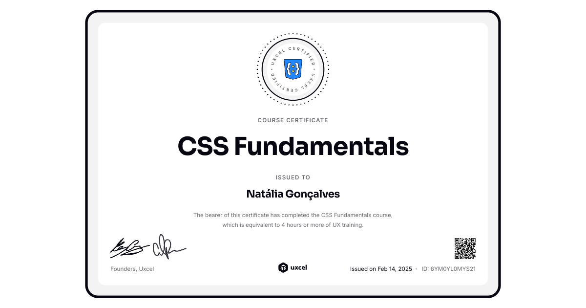 Certificate of completion for CSS Foundations | Uxcel