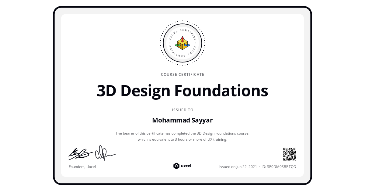 Certificate of completion for 3D Design Foundations | Uxcel