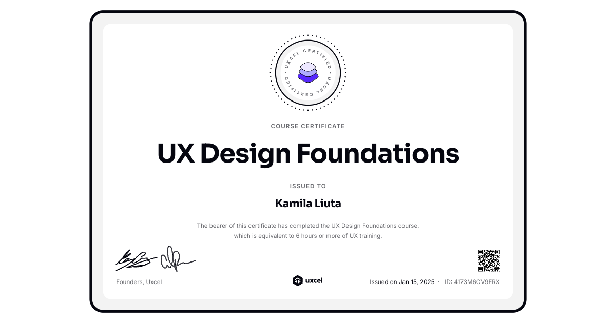 Certificate of completion for UX Design Foundations | Uxcel