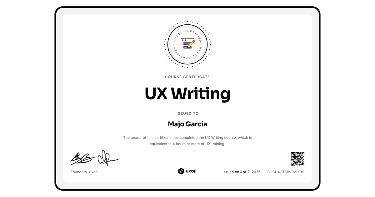 Certificate of completion for UX Writing | Uxcel