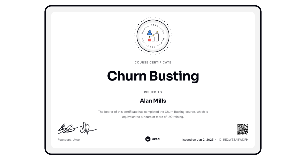 Certificate of completion for Reducing User Churn | Uxcel
