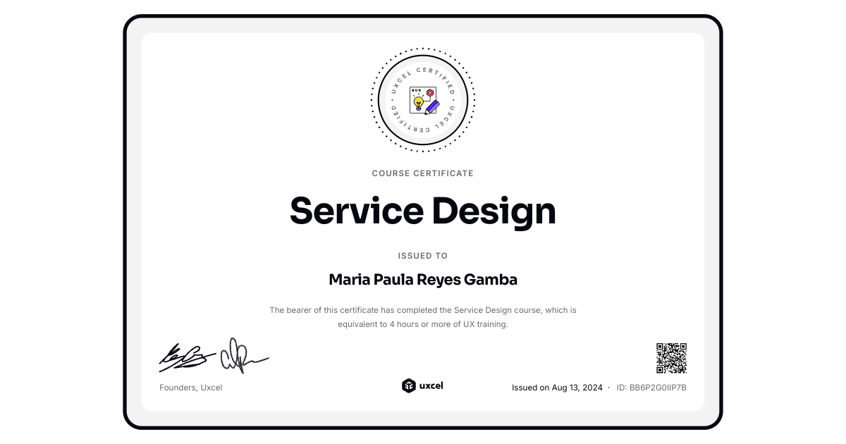 Certificate of completion for Service Design | Uxcel