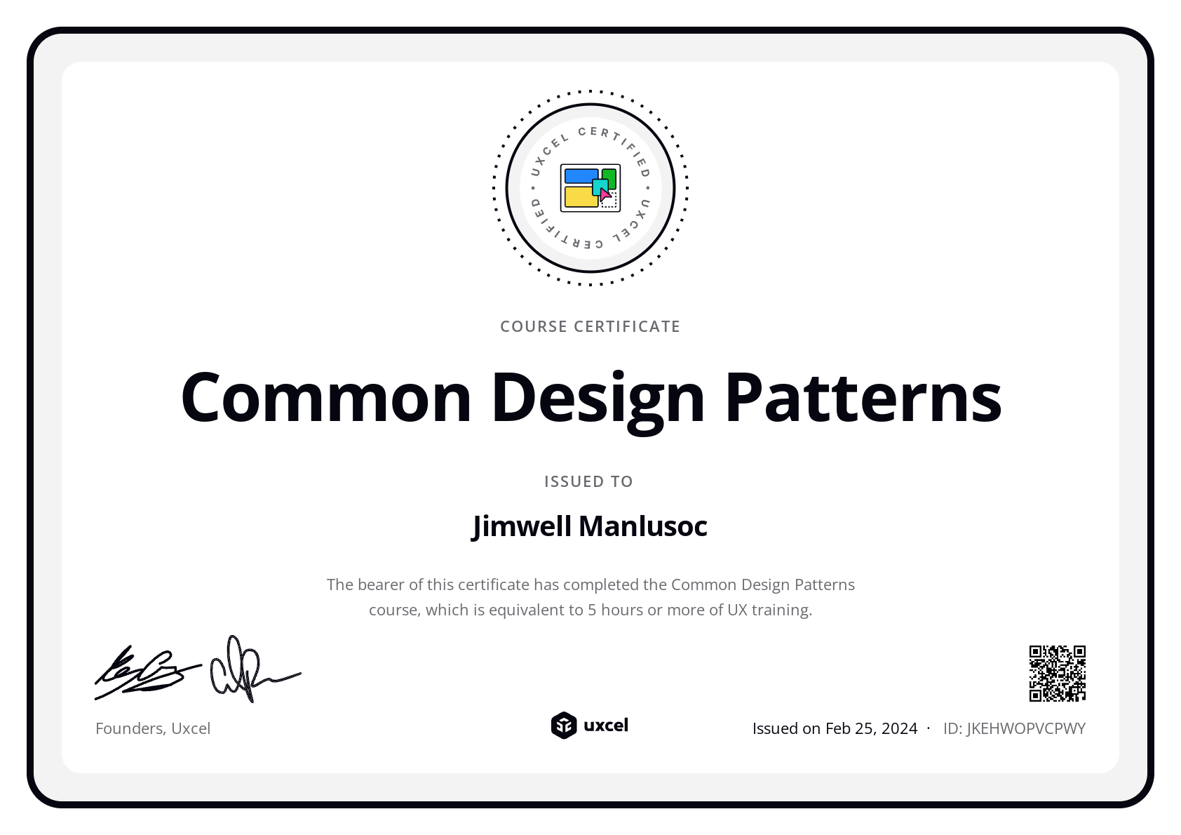 Certificate of completion for Common Design Patterns | Uxcel