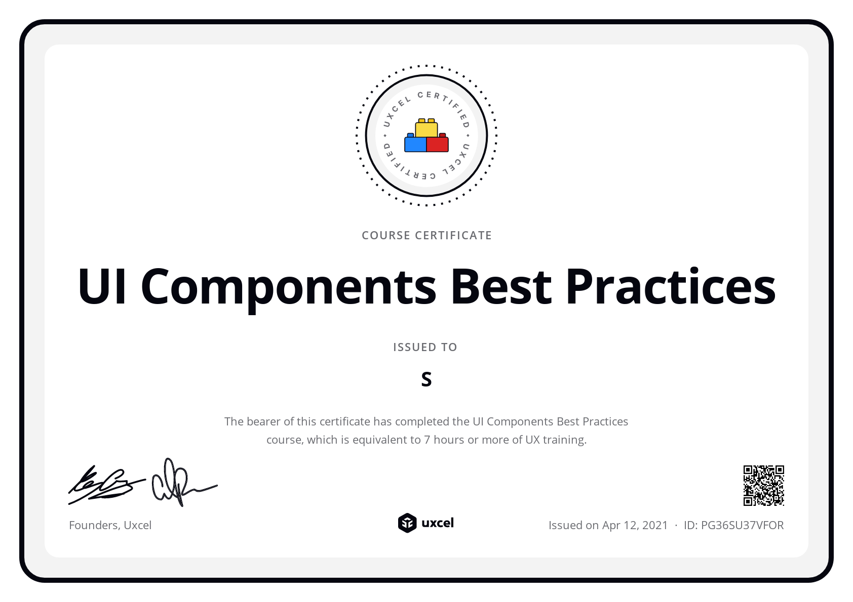 Certificate of completion for UI Components II | Uxcel