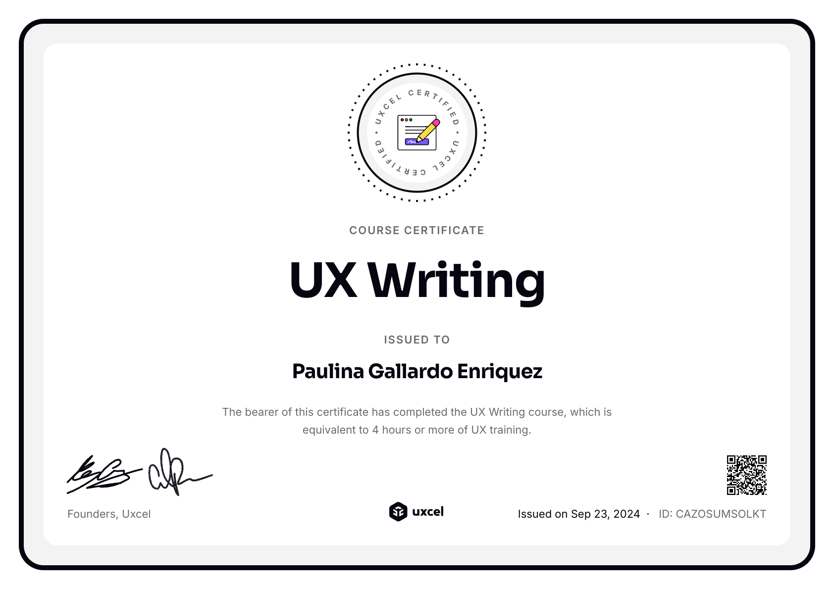 Certificate of completion for UX Writing | Uxcel