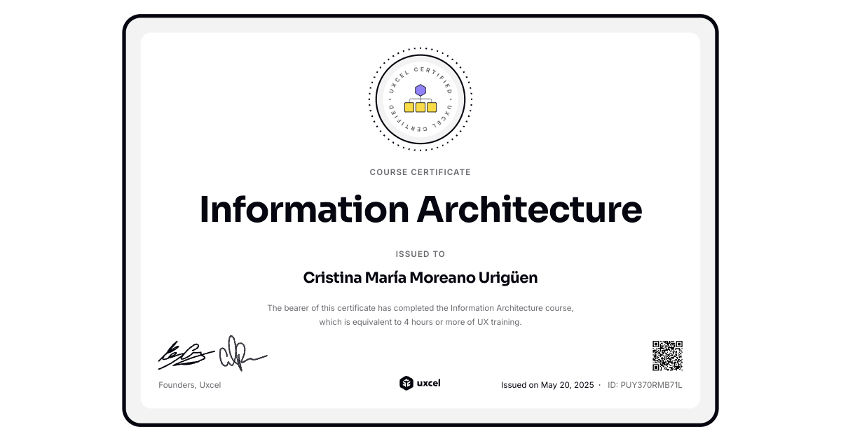 Certificate of completion for Information Architecture | Uxcel