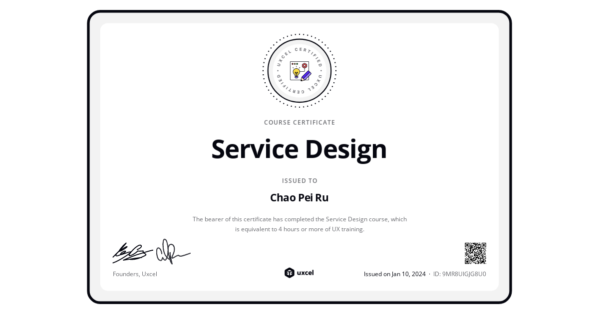Certificate of completion for Service Design | Uxcel