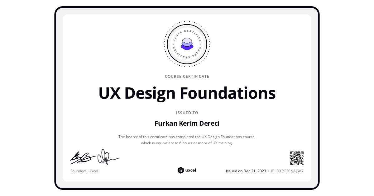 Certificate of completion for UX Design Foundations | Uxcel