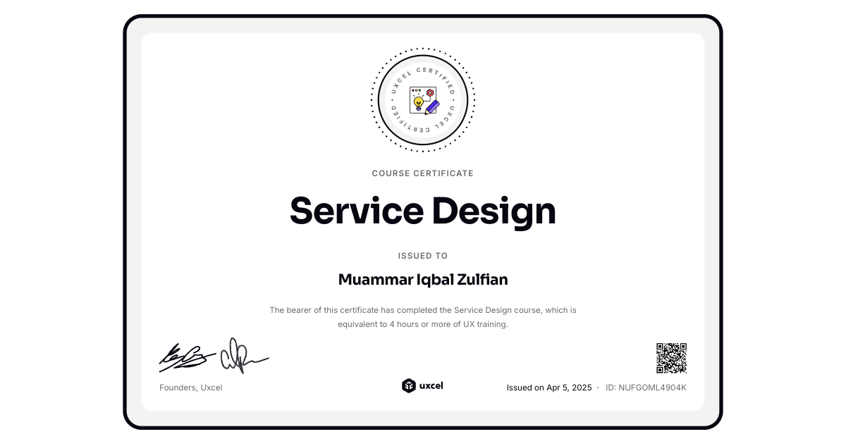 Certificate of completion for Service Design | Uxcel