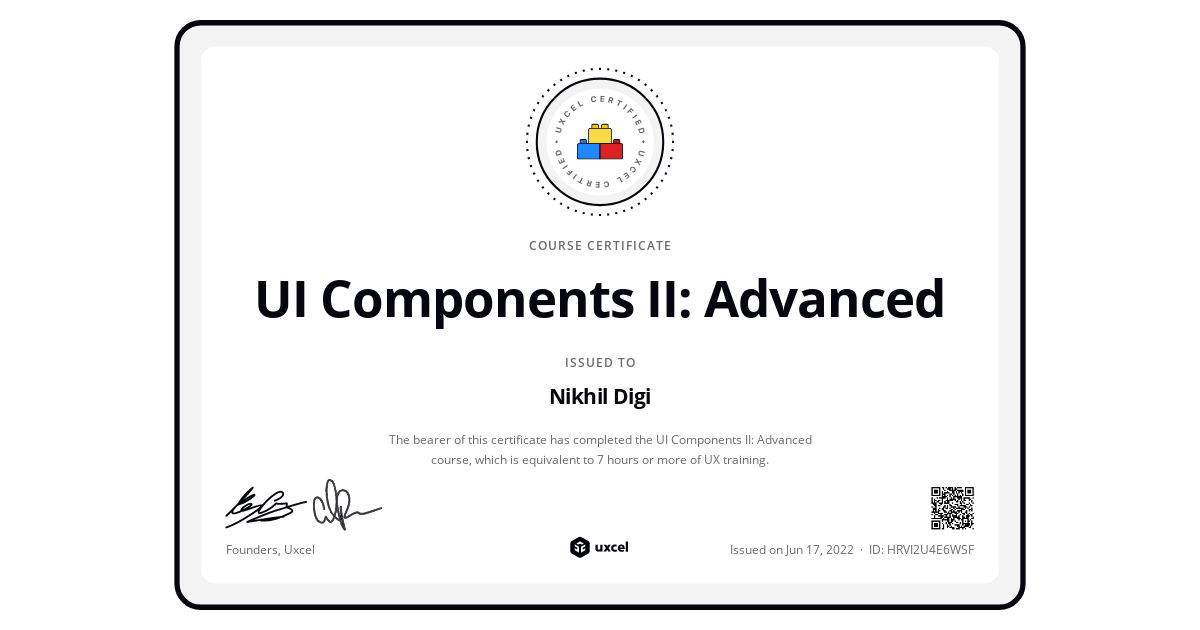 Certificate of completion for UI Components II | Uxcel