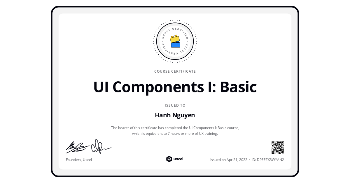 Certificate of completion for UI Components I | Uxcel