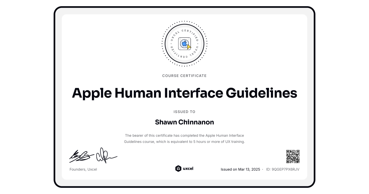 Certificate of completion for Apple Human Interface Guidelines | Uxcel