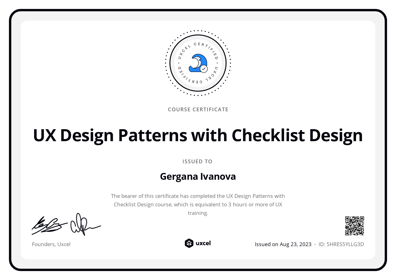 Certificate of completion for UX Design Patterns with Checklist Design ...
