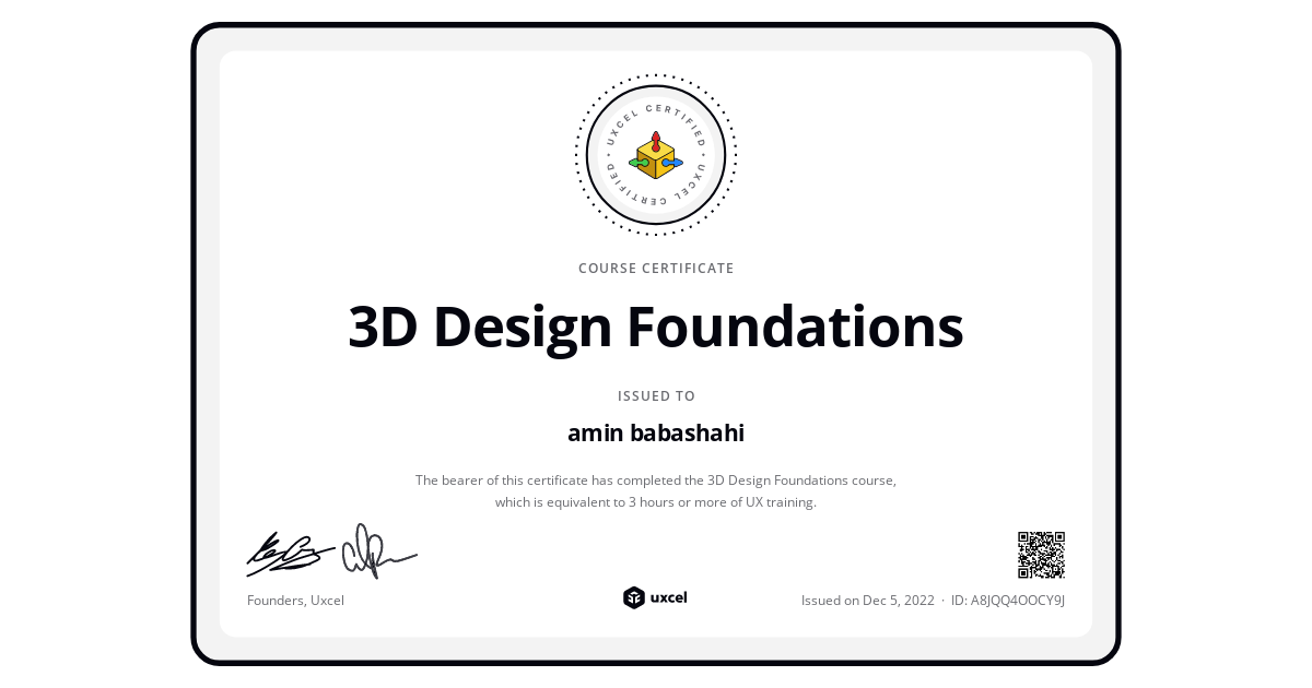 Certificate of completion for 3D Design Foundations | Uxcel