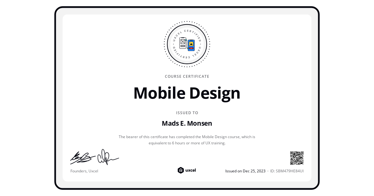 Certificate of completion for Mobile Design | Uxcel