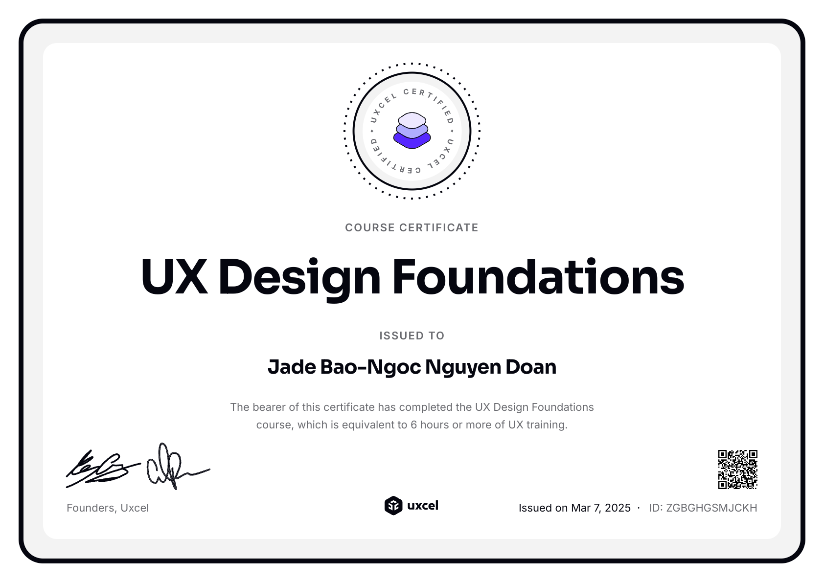 Certificate of completion for UX Design Foundations | Uxcel