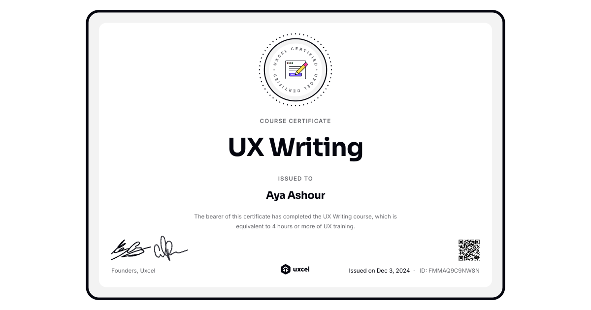 Certificate of completion for UX Writing | Uxcel