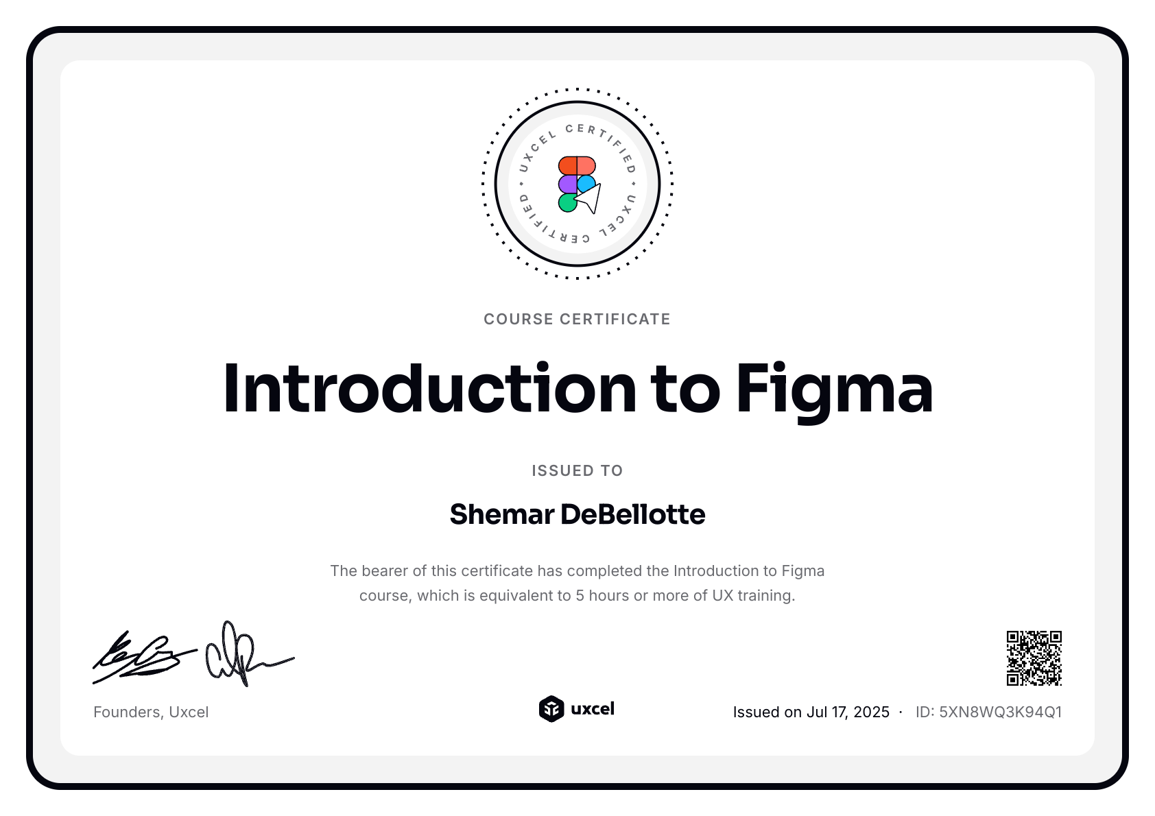 Certificate of completion for Introduction to Figma | Uxcel