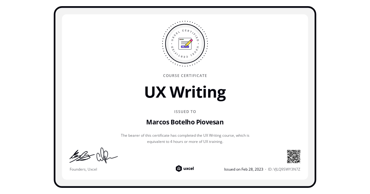 Certificate of completion for UX Writing | Uxcel