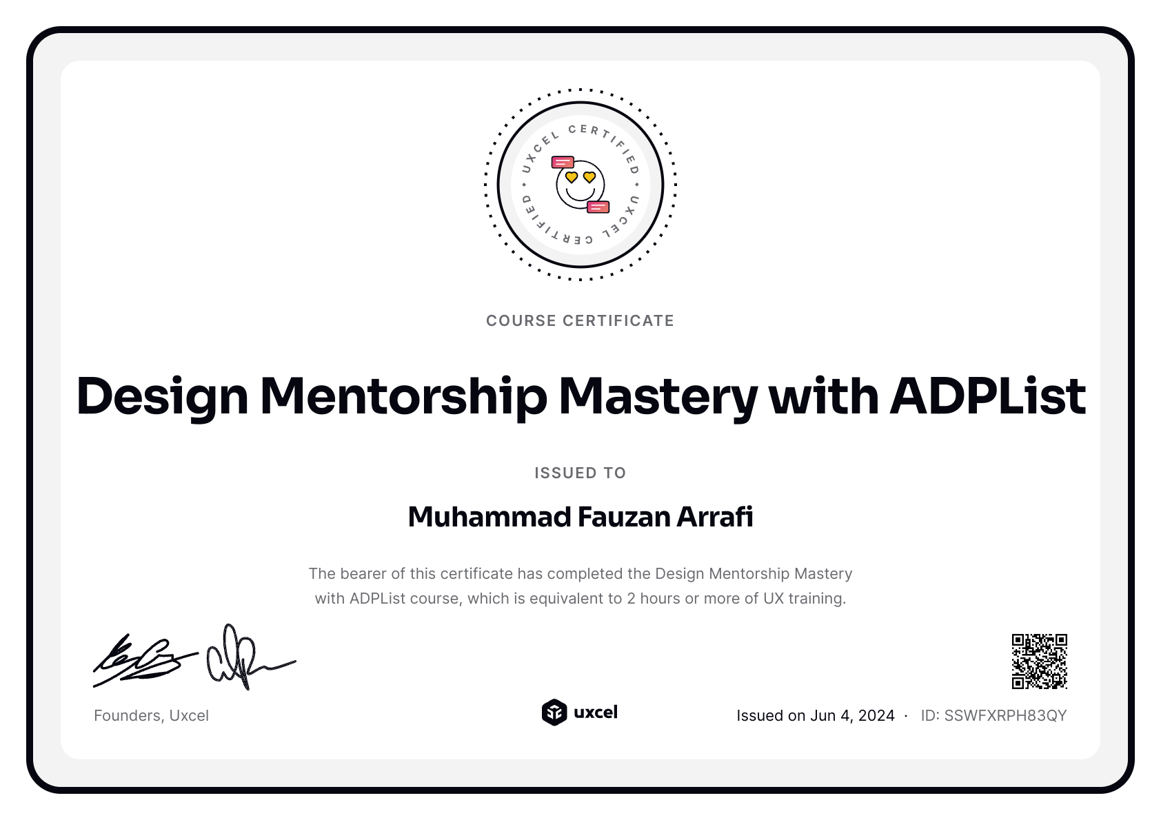 Certificate of completion for Mentorship Mastery | Uxcel