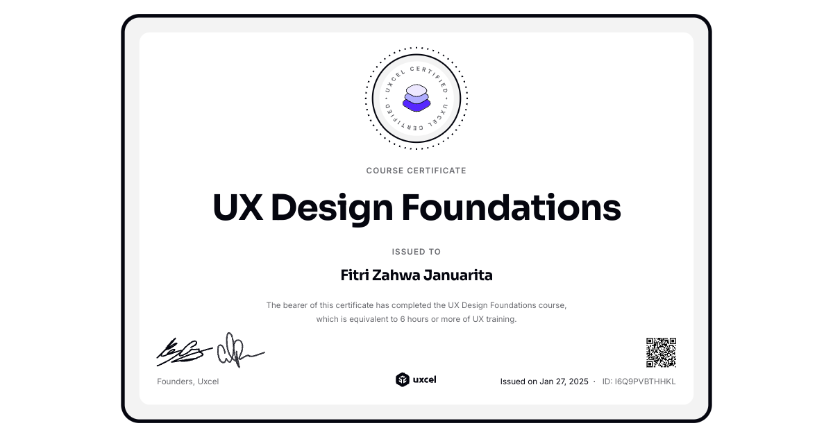 Certificate of completion for UX Design Foundations | Uxcel