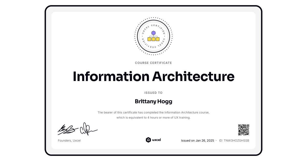 Certificate of completion for Information Architecture | Uxcel