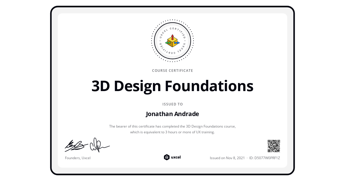 Certificate of completion for 3D Design Foundations | Uxcel