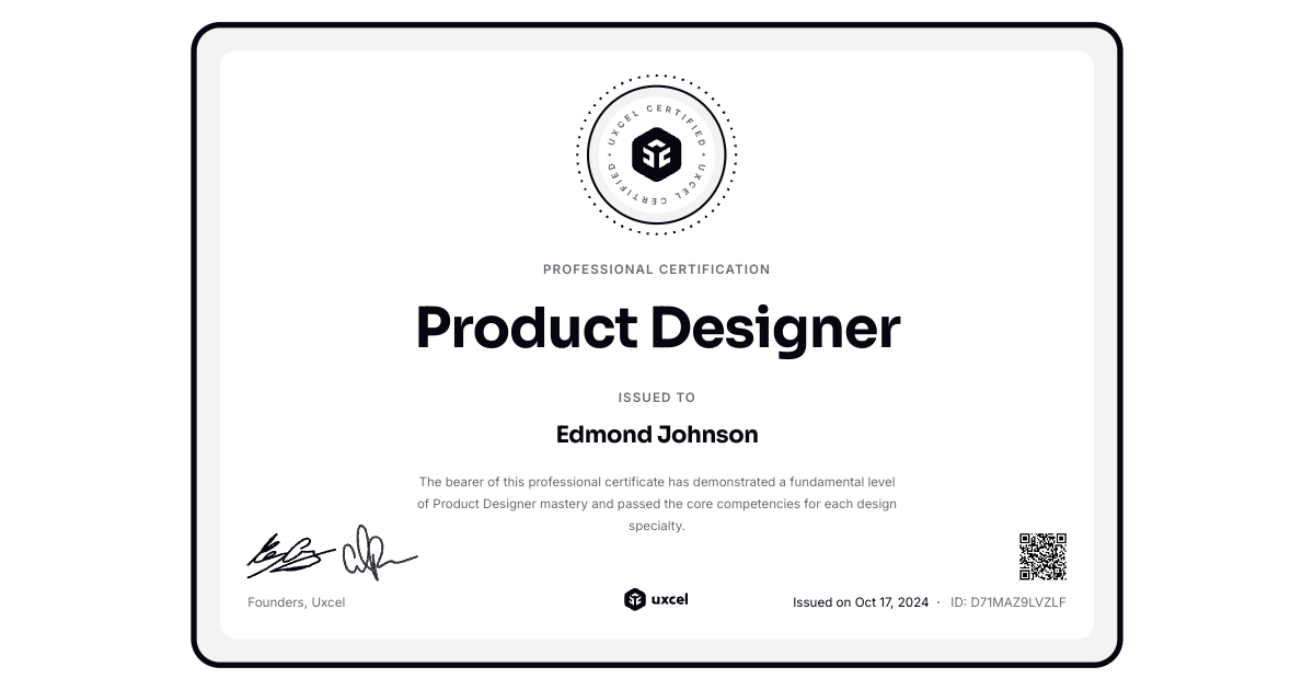 Uxcel Certification Certificate of Completion | Uxcel