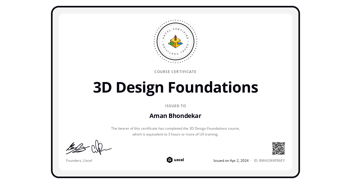 Certificate of completion for 3D Design Foundations | Uxcel