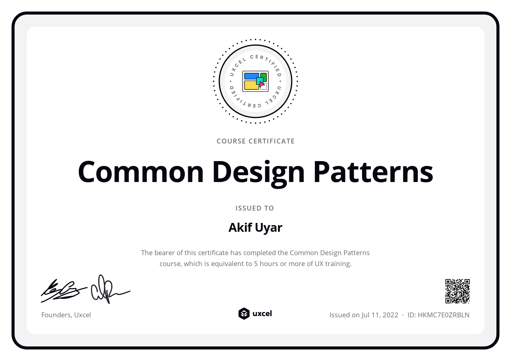 Certificate of completion for Common Design Patterns | Uxcel