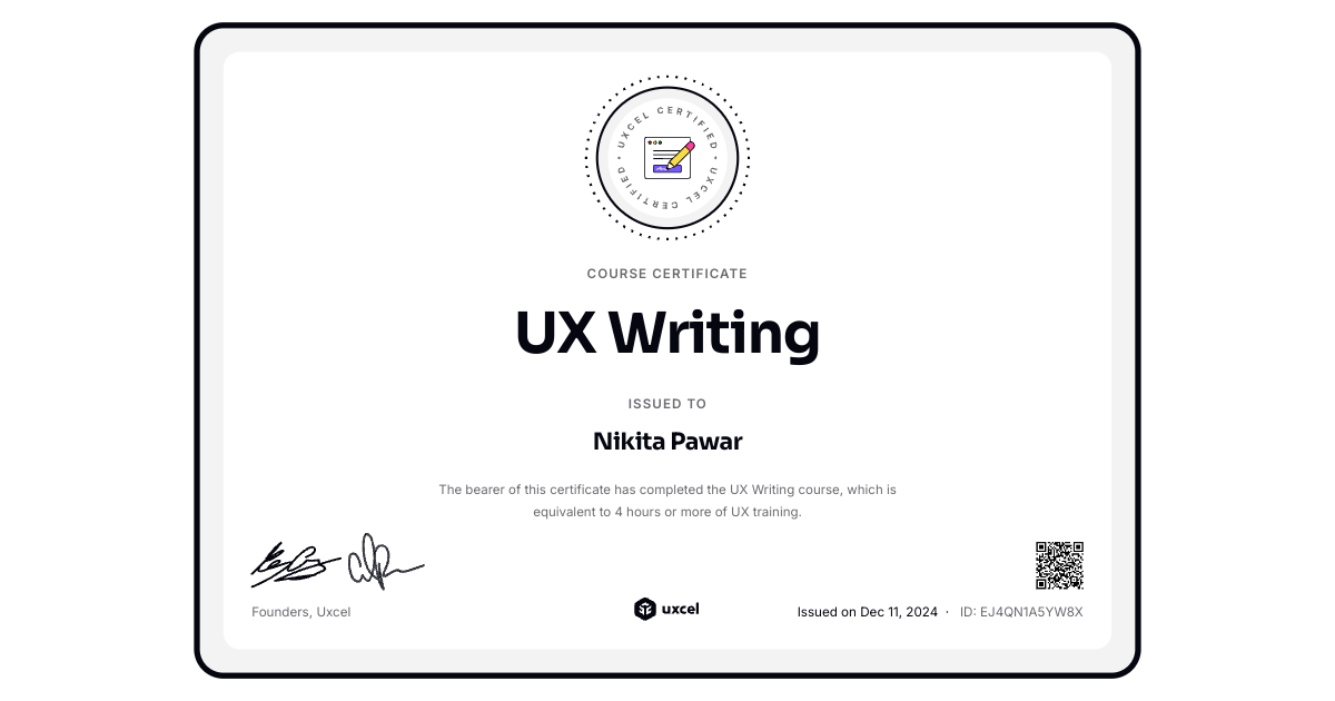Uxcel Course Certificate of Completion | Uxcel