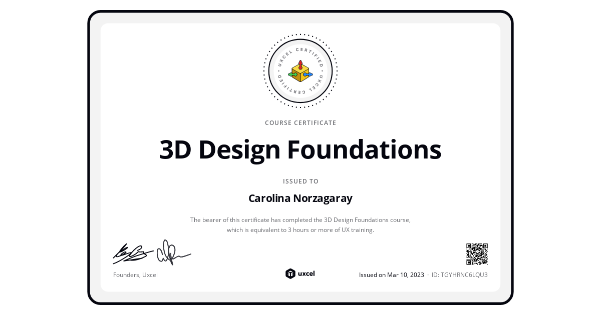 Certificate of completion for 3D Design Foundations | Uxcel