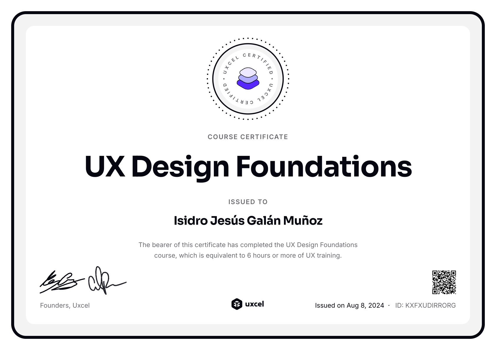 Certificate of completion for UX Design Foundations | Uxcel