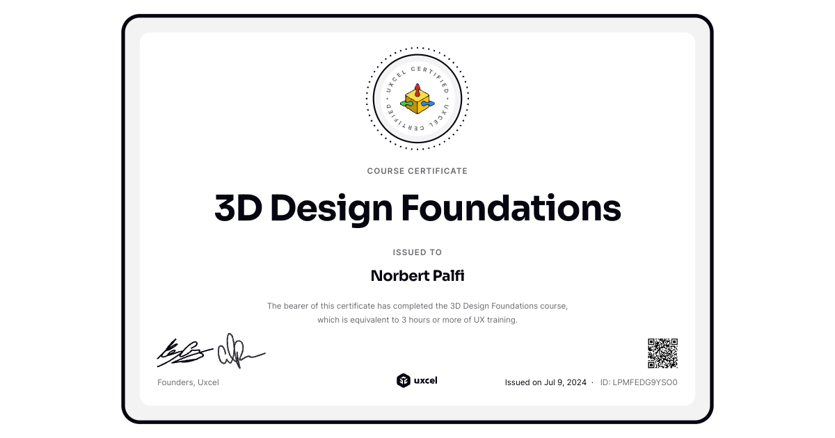 Certificate of completion for 3D Design Foundations | Uxcel
