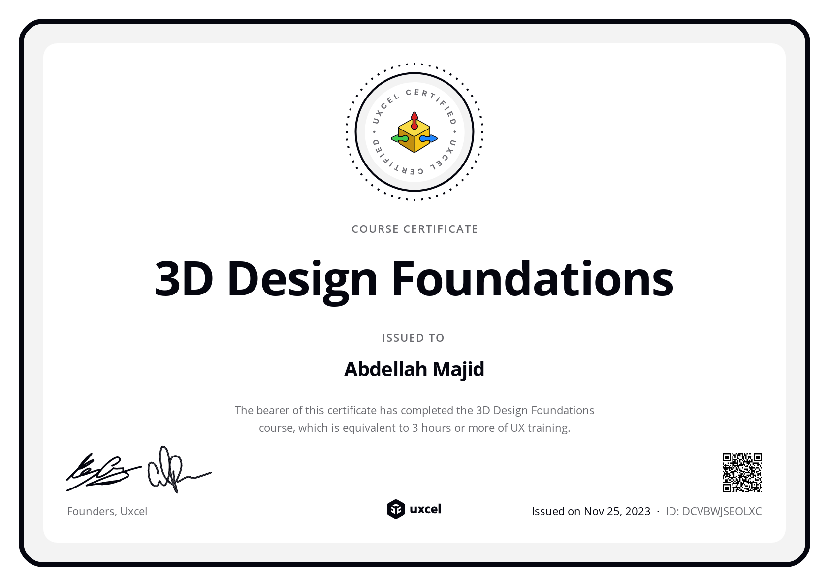 Certificate of completion for 3D Design Foundations | Uxcel
