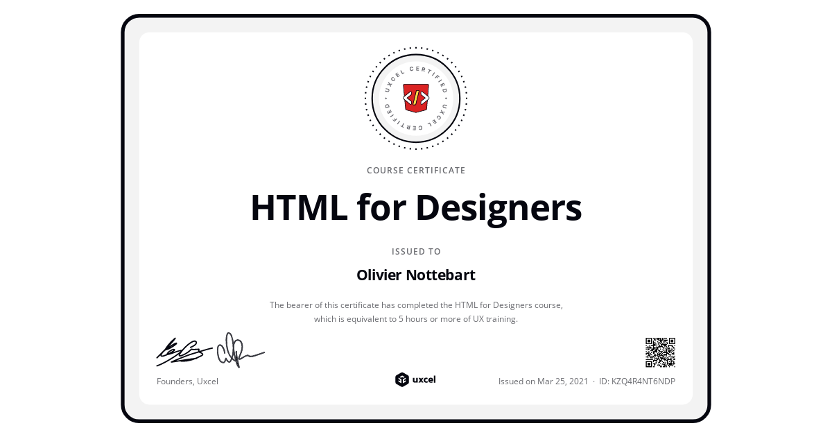 Certificate of completion for HTML Foundations | Uxcel