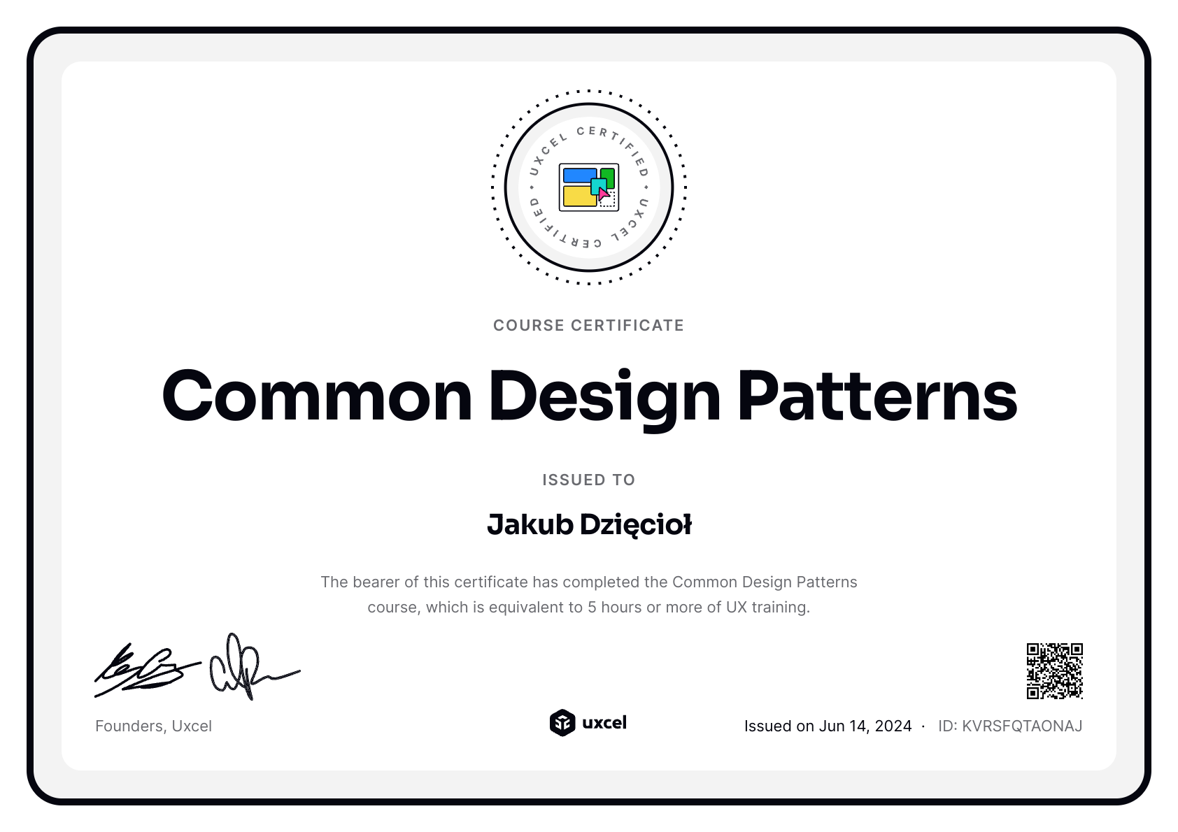 Certificate of completion for Common Design Patterns | Uxcel