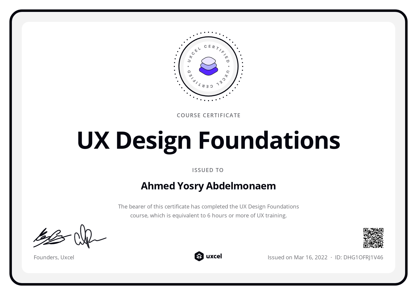Certificate of completion for UX Design Foundations | Uxcel