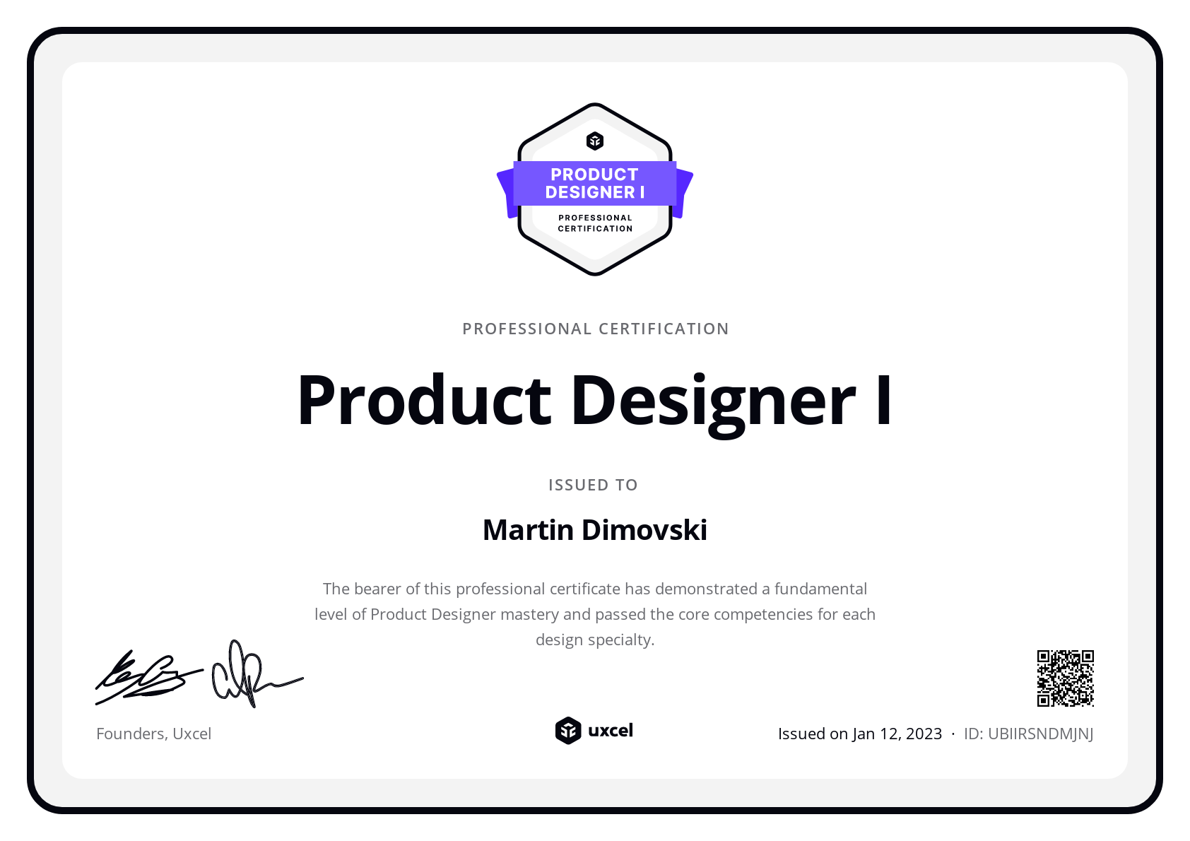 Certificate of completion for Product Designer | Uxcel