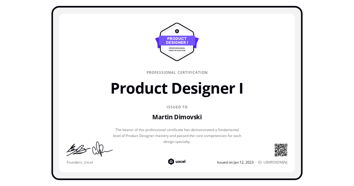Certificate of completion for Product Designer | Uxcel