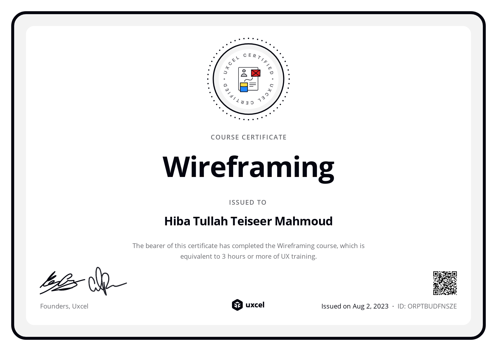 Certificate of completion for Wireframing | Uxcel