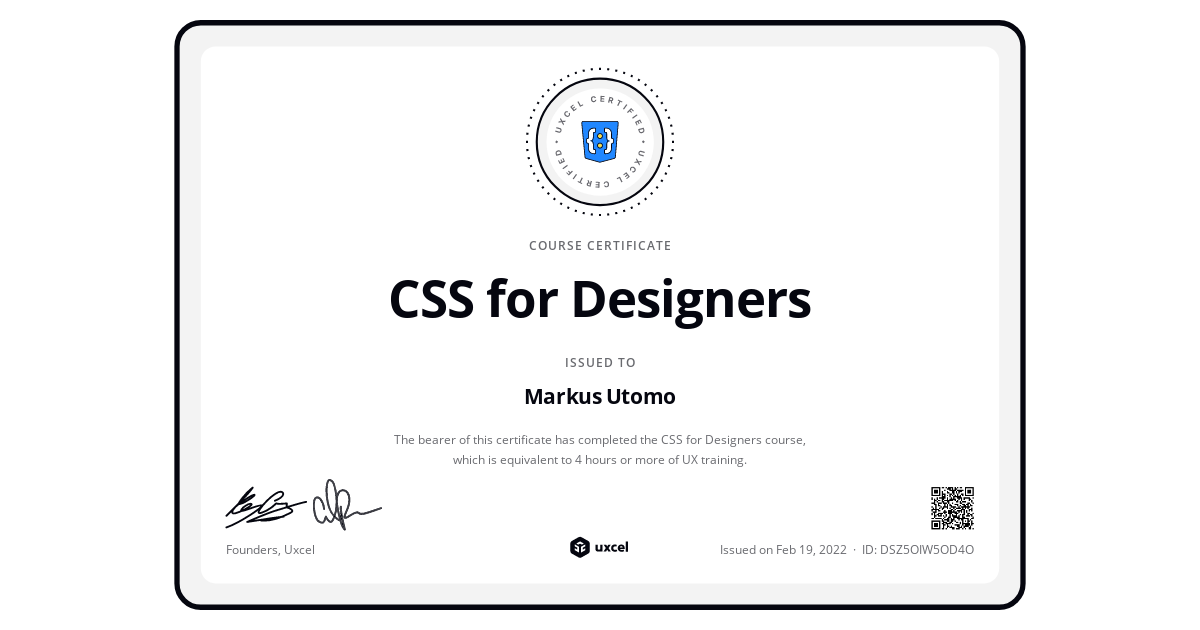 Certificate of completion for CSS Foundations | Uxcel